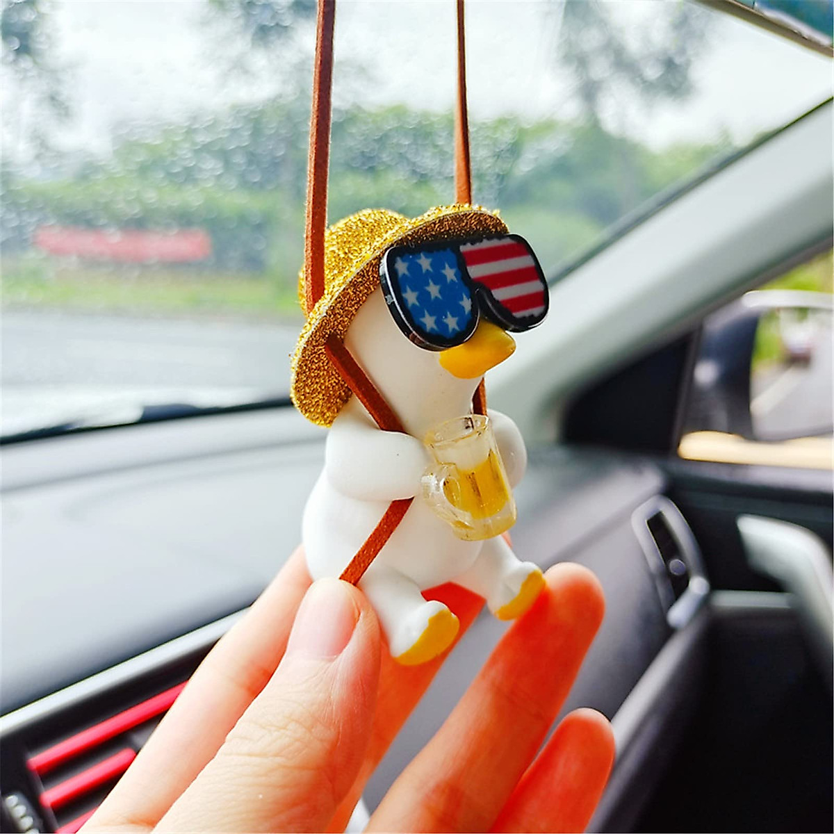 Cute Duck Car Decoration Accessories Cool Duck Drinking Car Hanging Accessories Rearview Mirror Pendant Creative (Cups Duck)