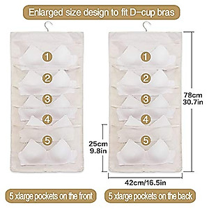 ohihuw Closet Hanging Organizer for Large Size Bras with Enlarged Mesh Pockets Dual Sided Underwear Storage (Beige)