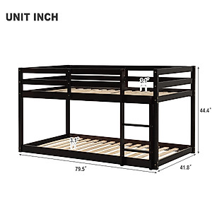 LAVHOME Twin Low Bunk Bed, Solid Wood Twin Over Twin Bunk Bed Frame with Full Guardrails & Integrated Ladder, Floor Twin Bunk Beds for Kids Boys and Girls, No Box Spring Needed,Espresso
