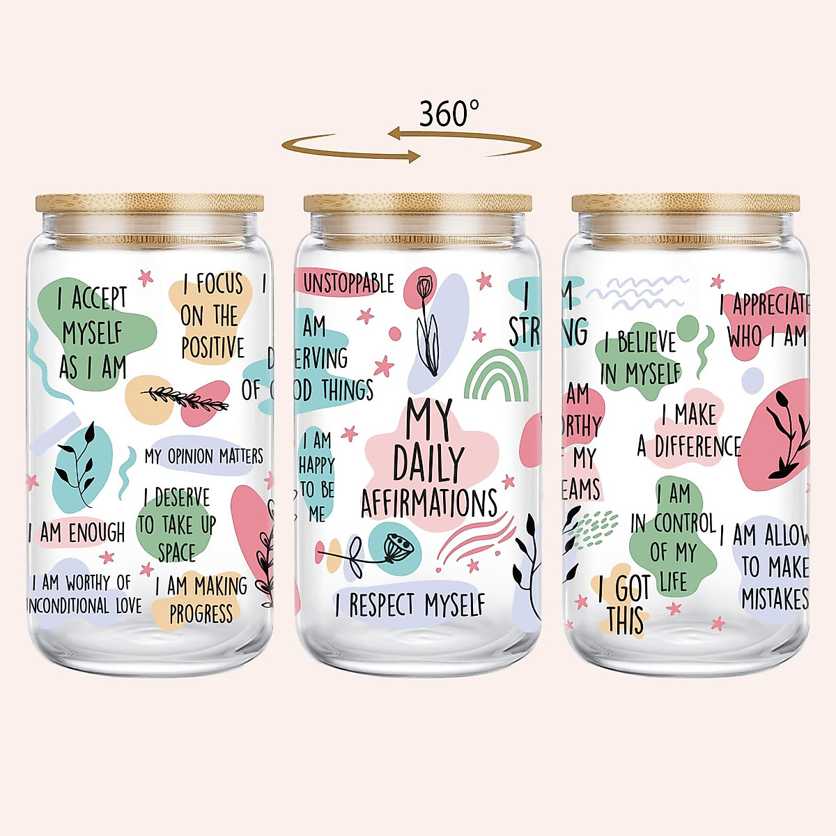LEADO My Daily Affirmations Cups, 16 oz Glass Cups with Lids and Straws - Mental Health Gifts, Mindfulness Gifts, Inspirational Gifts for Women, Christmas, Birthday Gifts for Female Friends