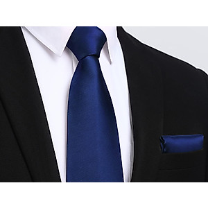 Mens Solid Navy Blue Tie Classic 3.4" width Necktie and Pocket Square Set with Gift Box by HISDERN,Navy Blue,One Size