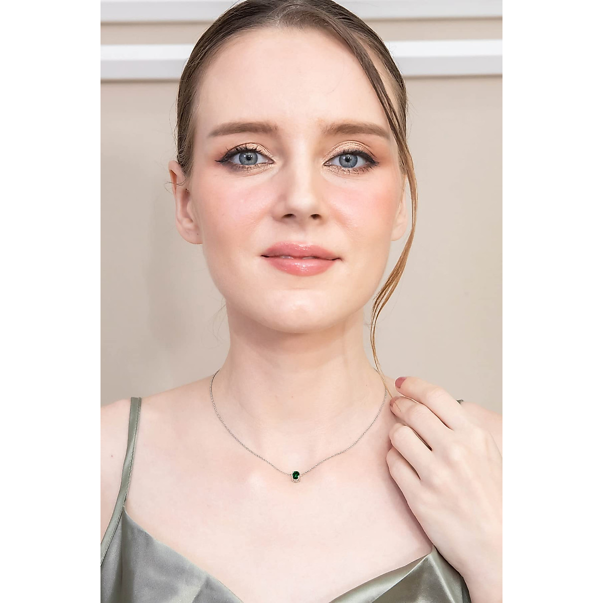 B. BRILLIANT Yellow Gold Flashed Sterling Silver Simulated Emerald 7x5mm Oval Dainty Choker Necklace