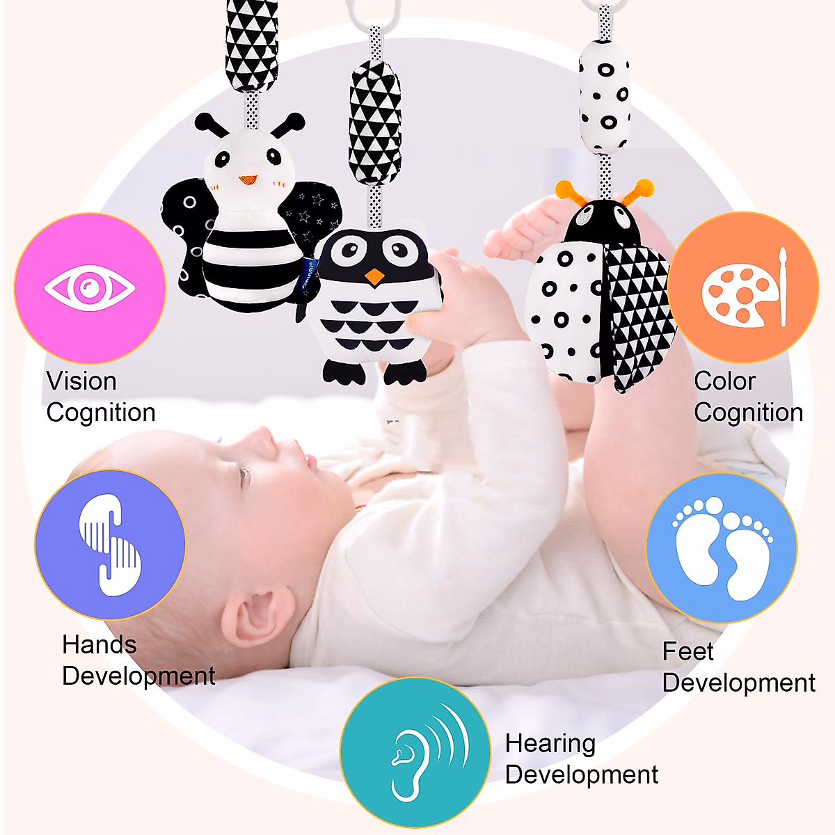 AIPINQI 3 Pack Hanging Rattle Toys,High Contrast Baby Toys and Plush Stroller Toys for Babies 0-18 Months,Newborn Car Seat Toys with Black and White Cartoon Shapes,(Ladybug,Bee & Owl)