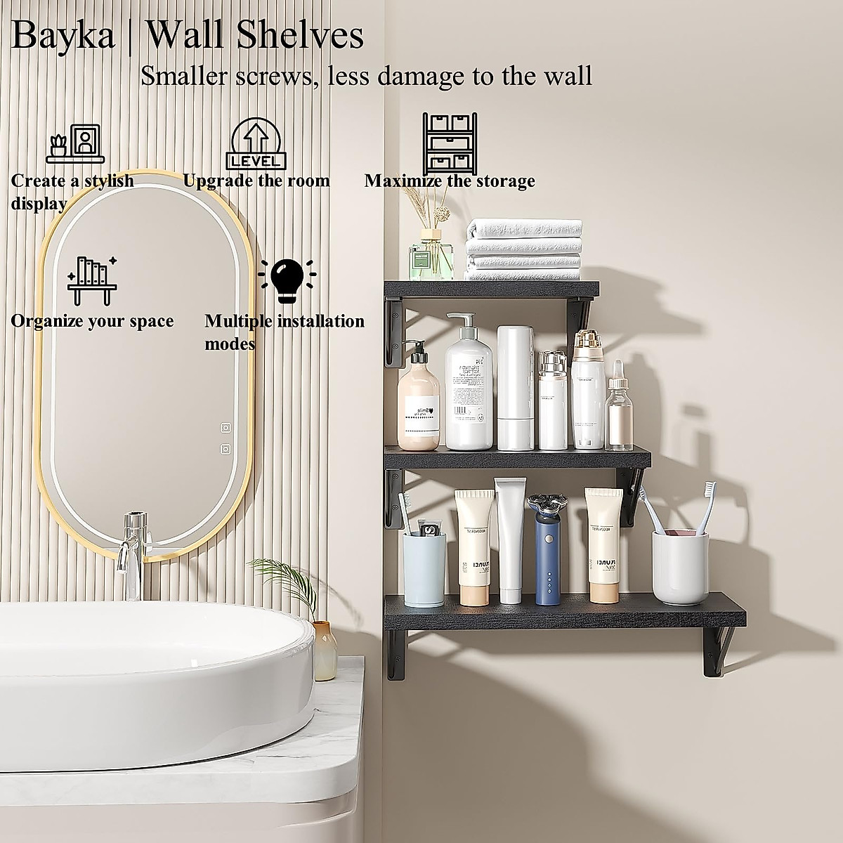 BAYKA Wall Shelves for Bedroom Decor, Floating Wall Shelves for Living Room Kitchen Storage, Wall Mounted Rustic Wood Floating Shelves for Kids Books, Small Shelf for Bathroom(Black，Set of 3)