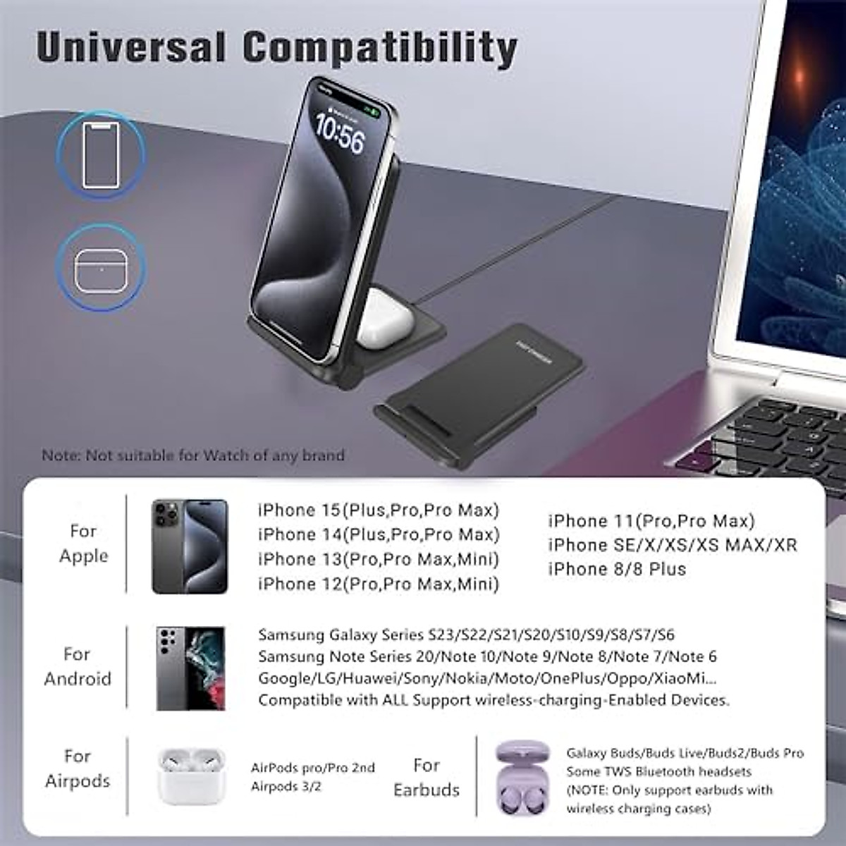2 in 1 Wireless Charger,Foldable 20W Fast Wireless Charging Stand Compatible with iPhone 15/15 Pro/14/13/12/X/AirPods,Dual Phone Induction Charge Station for Samsung,Pixel,Xperia,LG G8(No Plug)