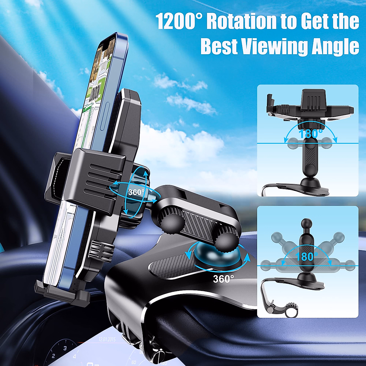 [2023 Upgraded] Phone Mount for Car Dashboard & Air Vent, 1200 Degree Rotation Car Phone Holder Mount with 3M Adhesive[Multi-Angles&Stable], Cell Phone Holder Car for iPhone Samsung All Smartphone
