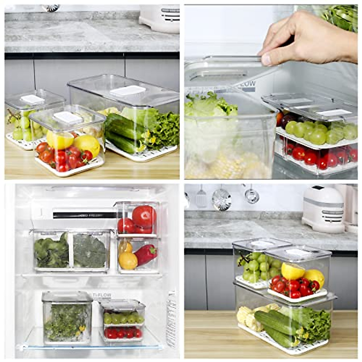 3 Pcs Fruit Fresh Keeper Vegetable Storage Containers Set Fresh Produce Saver with Lids and Vents,Stackable Salad Lettuce Keeper for Refrigerator or Easy Carry,BPA-free Stay Fresh Containers,5.7L&1.7L&1.7L