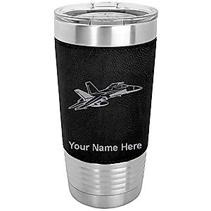 LaserGram 20oz Vacuum Insulated Tumbler Mug, Fighter Jet 2, Personalized Engraving Included (Faux Leather, Black)