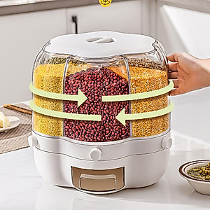 6 Grid Grain Container, 360° Rotating Food Dispenser Measuring Cylinder with Lid, Rice Storage Bucket, Dry Food Dispenser,for Kitchen Storage with Cup, 10kg/12.5kg ( Color : White , Size : 12.5kg )
