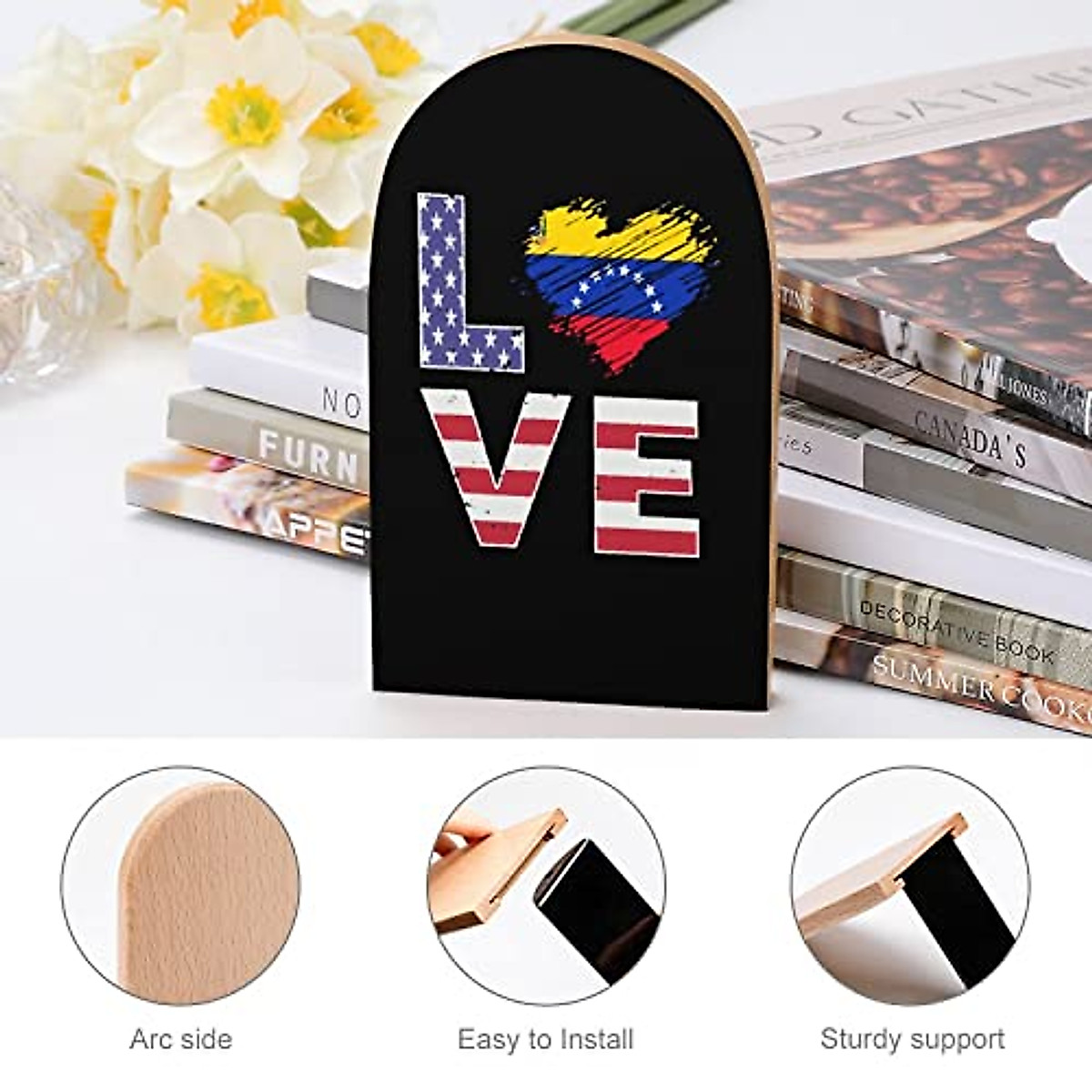 USA Venezuela Flag Heart Wood Book Ends for Shelves Non-Skid Bookend Book Stand Book Holder Stopper for Home Office School