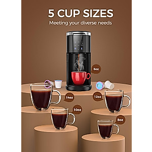COWSAR Single Serve Coffee Maker, Coffee Brewer for K-Cups Pods and Ground Coffee, Capsule Coffee Machine with 40 Oz Water Tank, 5 Brew Sizes Up To 14 Oz, Black
