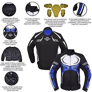 MOTORCYCLE JACKET MENS CE ARMORED BIKERS RIDING RACING WATERPROOF ALL SEASON JACKET (BLUE, X-LARGE)