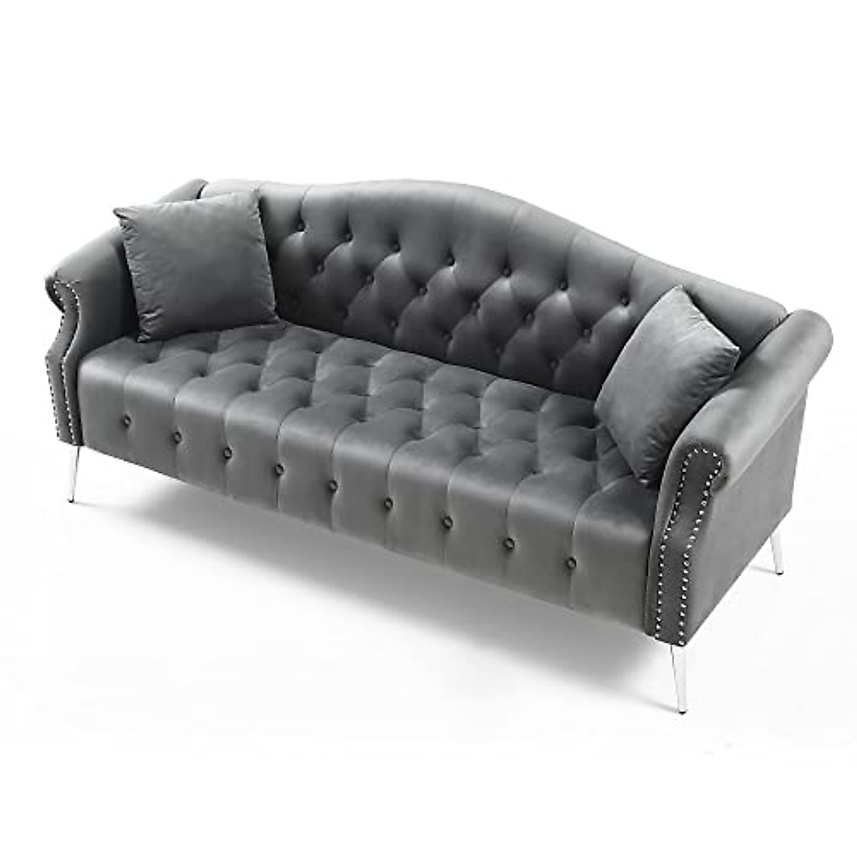 LIADTOP, 78.7" Classic Chesterfield Velvet Sofa Contemporary Upholstered Couch with Button Tufted and Rolled Arms, 2 Pillows Included, 3 Seater,Grey