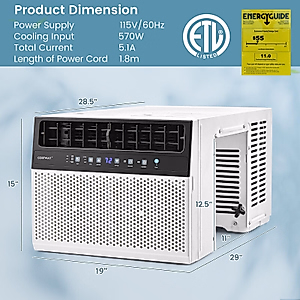COSTWAY 10000 BTU Window Air Conditioner, Over the Sill AC with Energy Saver Modes, Handy Remote, Touchable LED Control Panel, up to 250 Sq.Ft. Window AC Unit, Ultra Quiet Operation