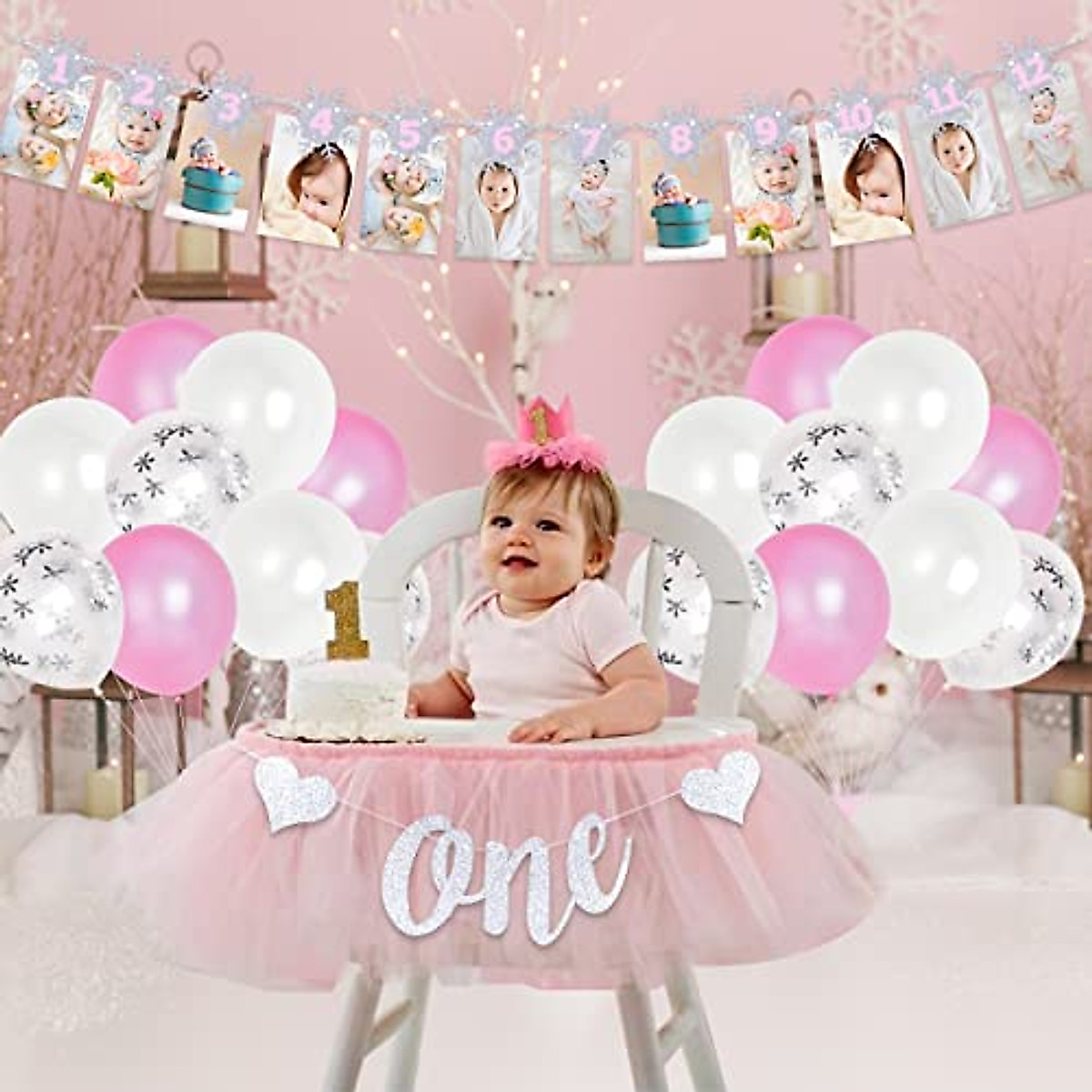 Winter Onederland Birthday Party Decorations Girl Pink Wonderland Snowflake 1st Birthday Party Supplies with Snowflake Photo Banner Winter Onederland Banner Cake Topper