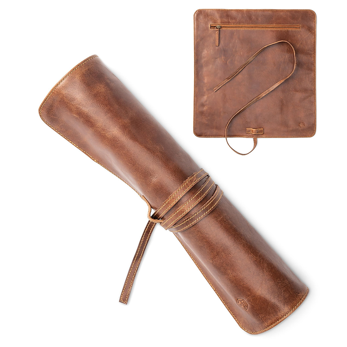 Angus Stoke premium leather Knife Roll Bag - Storage and Protection for Chef Knives, 7 Slots and 1 Zipper Pocket, genuine Buffalo Leather Case Nils (Mahogany)