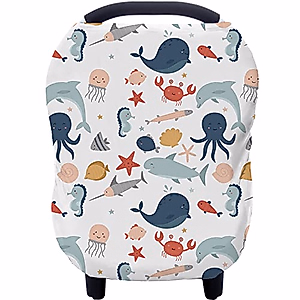 Carseat Cover Boy and Girls - Multi-use Nursing Car Seat Canopy Cover for Breastfeeding, Infant Stroller Cover, High Chair Cover (Cute Fish)