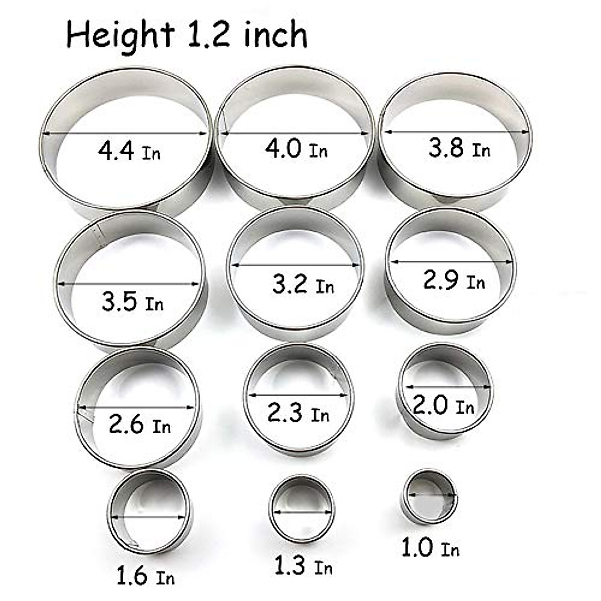 RIHAI Stainless Steel Round Cookie Cutter Set, 12 Circular Biscuit Cutters Round Donut Ring Molds for Baking 1.2 Inch Height