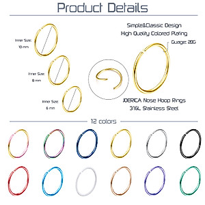 JOERICA 36PCS 20G Stainless Steel Nose Ring Hoop for Women Men Nose Piercing Jewelry Septum Ring Lip Cartilage Helix Hoop Piercing 6MM 8MM 10MM