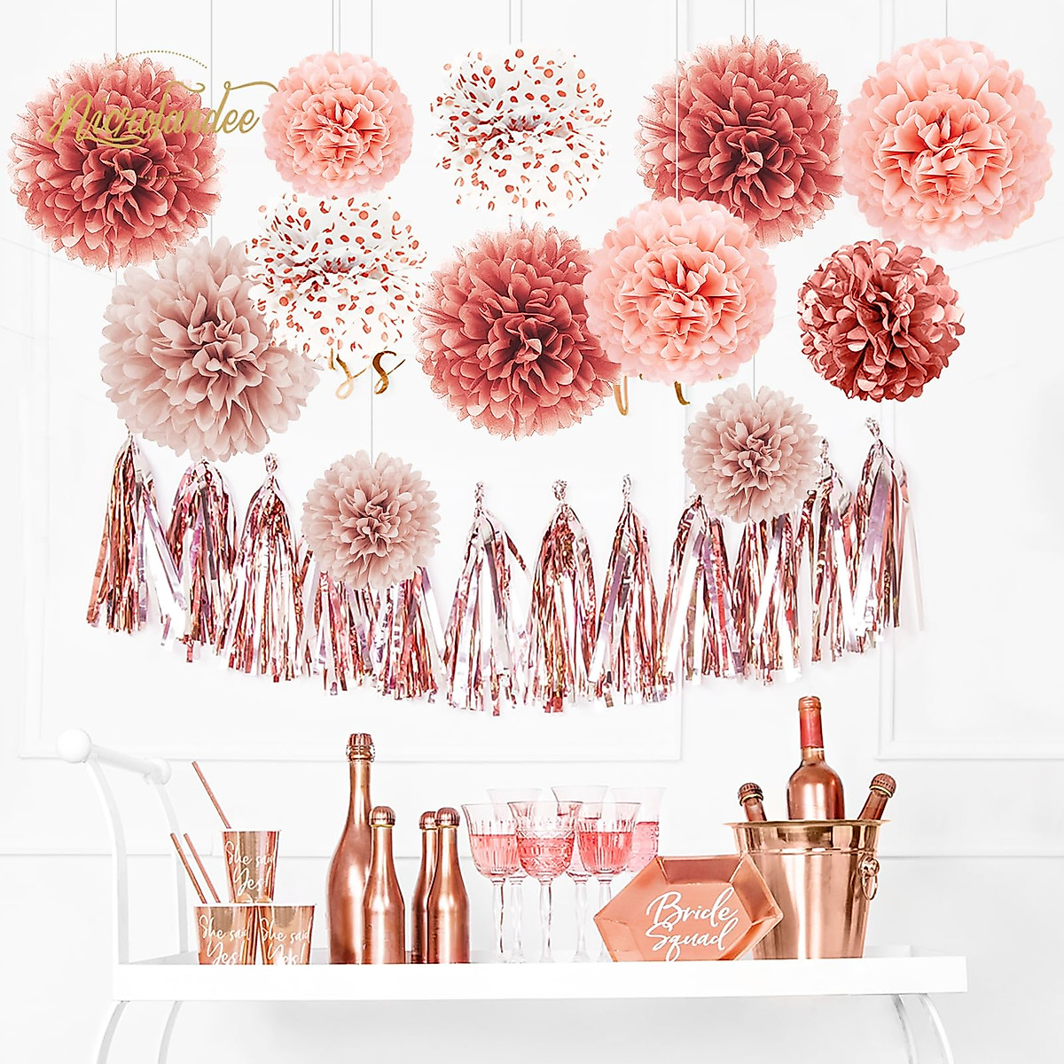 NICROLANDEE Wedding Decorations - 12 PCS Rose Gold Tissue Paper Pom Poms for Engagement Party Wedding Birthday Bridal Shower Bachelorette Baby Shower Ceiling Valentine's Day Party Backdrop Decor