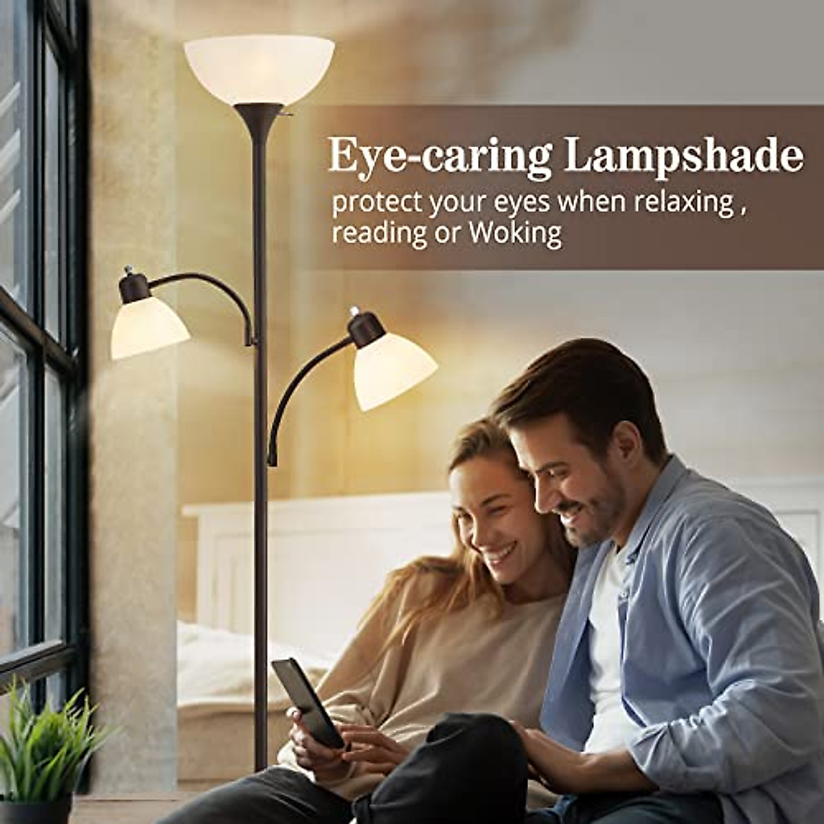 Luvkczc Torchiere Floor Lamps for Living Room with 2 Reading Lamps, Modern Tall Standing Lamps, Industrial Bright Floor Lamp for Bedroom, Office, Dresser, 3 LED Bulbs Included