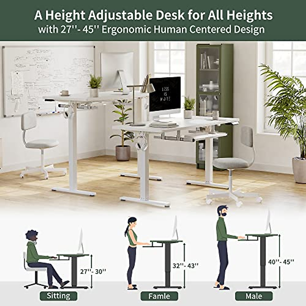 FEZIBO Standing Desk with Keyboard Tray, 48 × 24 Inches Electric Height Adjustable Desk, Sit Stand Up Desk, Computer Office Desk, White