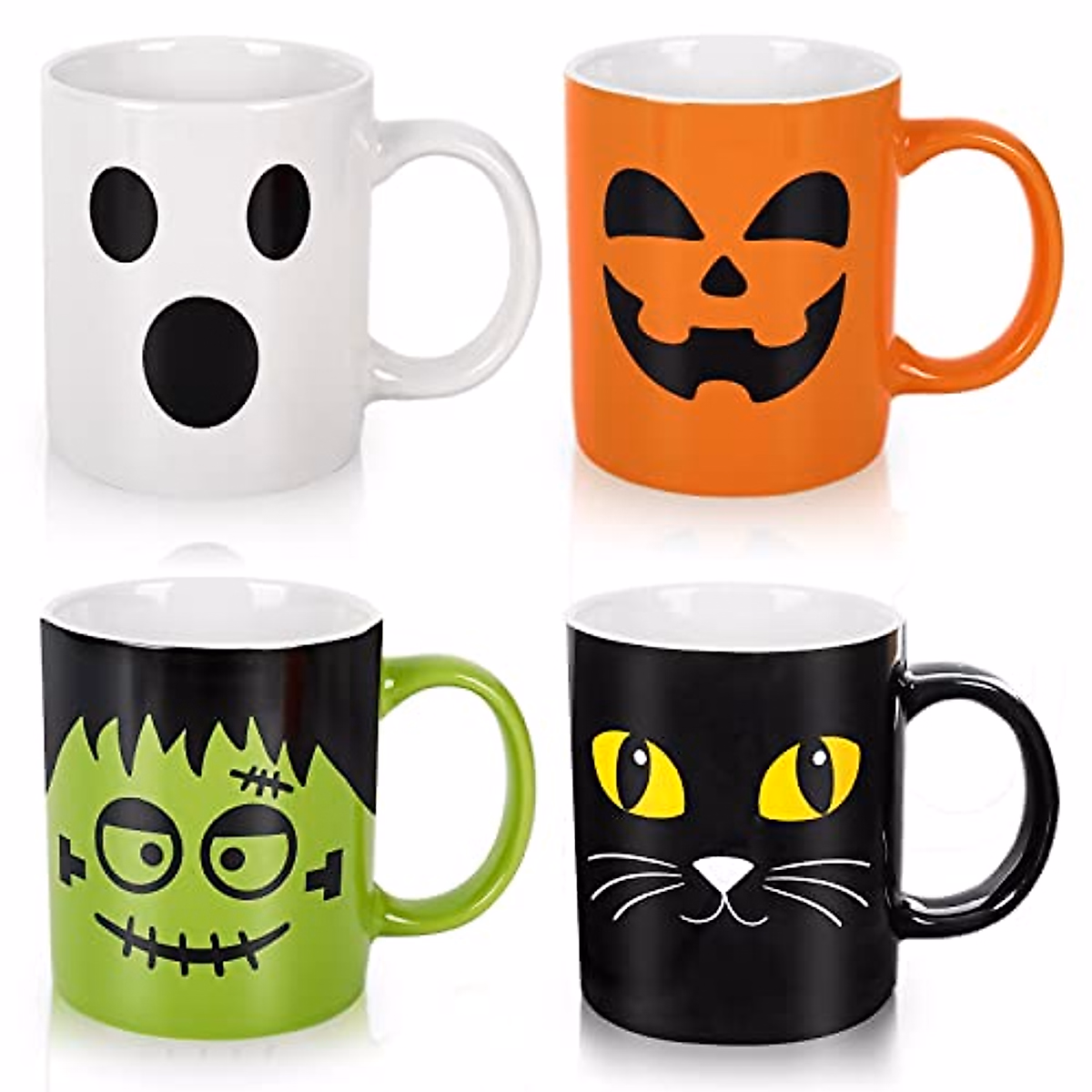 Whaline 4Pcs Halloween Mug Set 12oz Pumpkin Cat Monster Ghost Holiday Coffee Mug Halloween Ceramic Matching Mugs for Home School Office Table Centerpieces Housewarming Gift