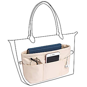 VANCORE Purse Organizer Insert with 13 Pockets, Zippered Top Insert for Handbag and Tote Bag, Inside Shaper with Zipper (Beige, Large)