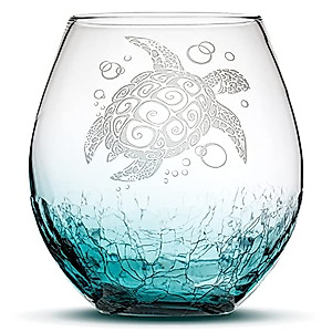 Integrity Bottles Tribal Sea Turtle Design Stemless Wine Glass, Handmade, Handblown, Hand Etched Gifts, Sand Carved, 18oz (Crackle Teal)