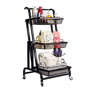 UPGLOW 3-Tier Metal Rolling Utility Cart, Adjustable Kitchen Storage Cart with Removable Mesh Baskets, Storage Trolley with Handle and Lockable Wheels for Kitchen, Bathroom, Office, Coffee Bar