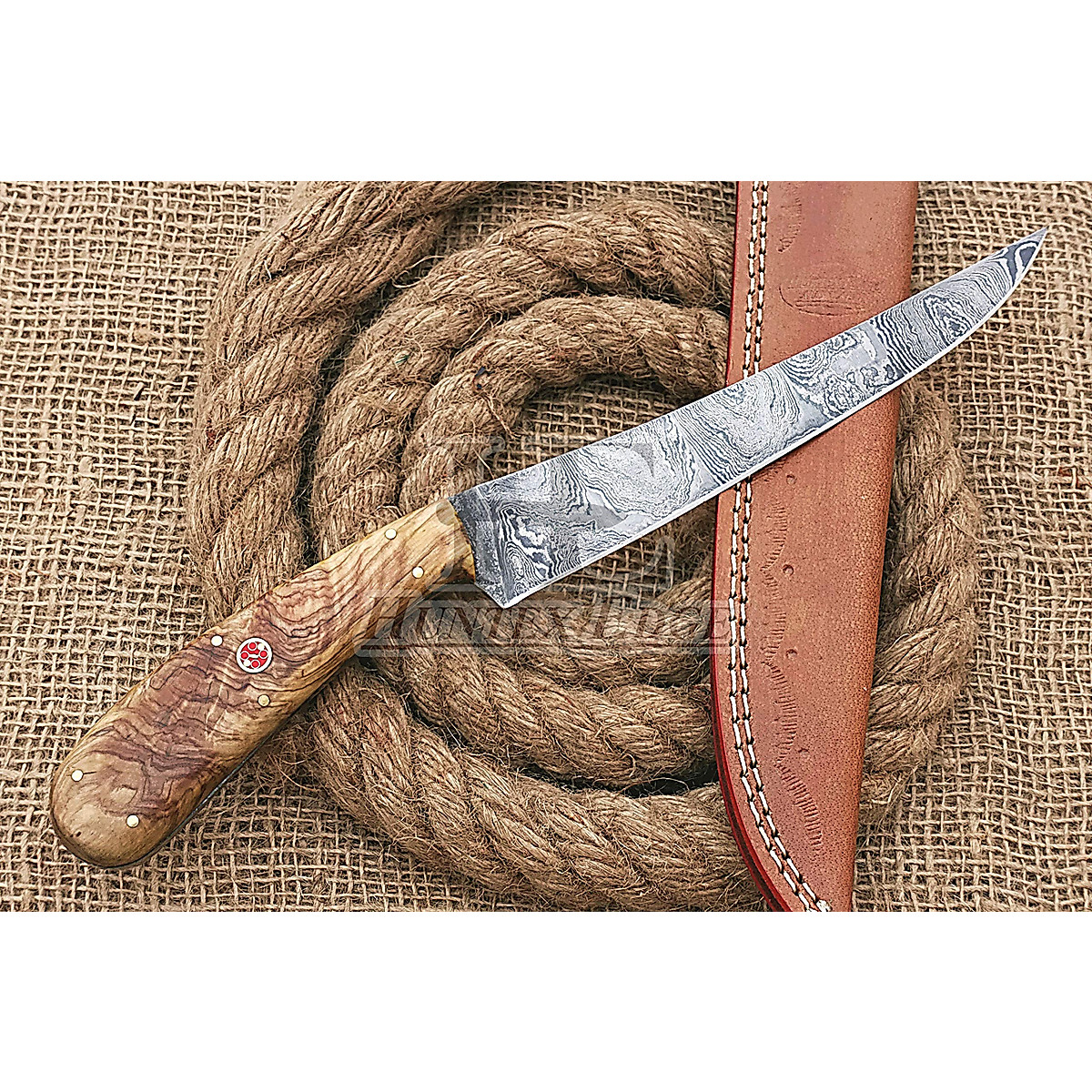 HUNTEX Handmade Hand-Forged Twist Pattern Damascus Steel 11.5 Inch Long Full Tang Olive Wood Handle Razor Sharp Hunting Camping Fillet Knife w/Genuine Leather Pouch