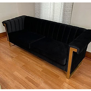 Mid Century Modern Velvet Couch - 83.85 Loveseat Sofa Curved Gold Boho Love Seat Comfy Couches for Living Room, 3 Seat Tufted Deep Seat Sectional Gothic Minimalist Sofa Bedroom Apartment (Black 1)