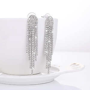 Yolev Long Tassel Earrings Crystal Chandelier Earring Bohemian Rhinestone Fringe Chain Earring Bridal Jewellery Silver Tassel Drop Dangle Earrings Crystal Statement Dangle Earrings