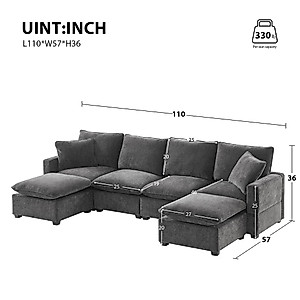 110" Modern U Shape Modular Sofa, 6 Seat Chenille Sectional Couch Set with 2 Pillows Included, Freely Combinable Indoor Funiture for Living Room, Apartment, Office (Black Grey, 6 Seat)
