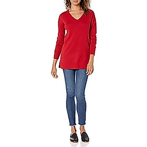 Amazon Essentials Women's Lightweight Long-Sleeve V-Neck Tunic Sweater (Available in Plus Size), Red, Medium