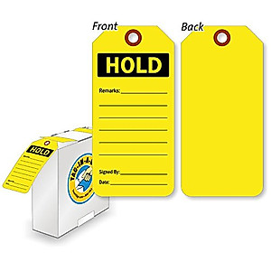 SmartSign Pack of 100 Hold Tags in Dispenser Box | 3" x 6.25" Fluorescent Cardstock, Tear Resistant Fiber Patch, Yellow