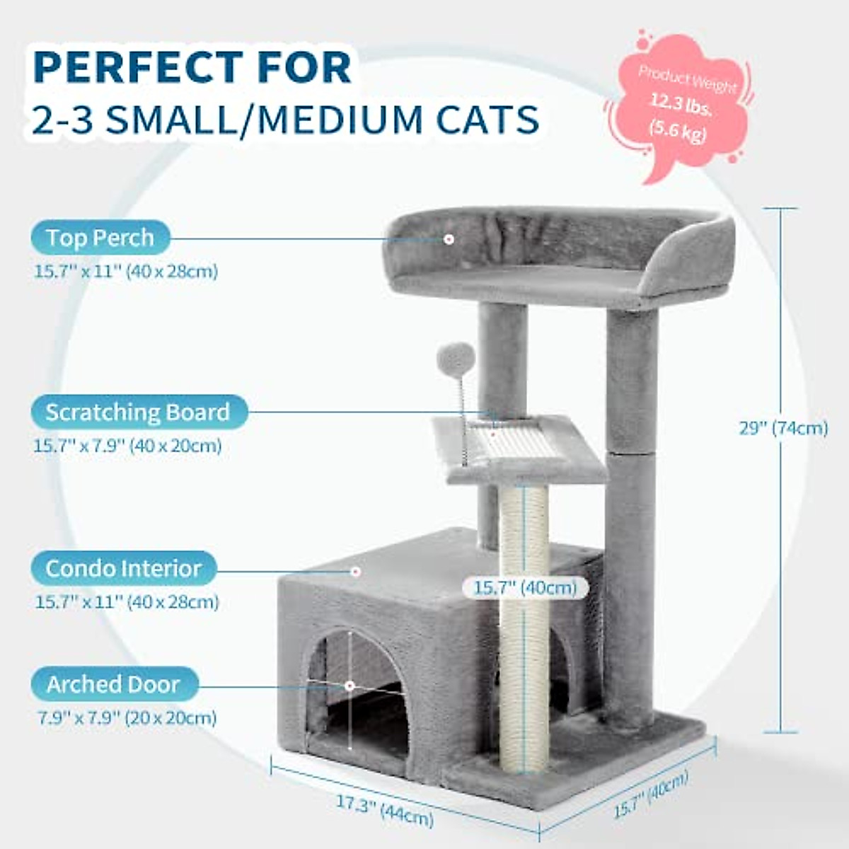 Made4Pets Cat Tree, Carpet Cat Tower Grey for Indoors Cats, Cute Wood Kitty Condo with Scratching Post and Pad, 27" Multi-Level Modern Activity Climbing Furniture for Small and Medium Cats