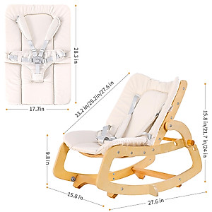 MallBest 3-in-1 Baby Bouncer Adjustable Wooden Rocker Chair Recliner with Removable Cushion and Seat Belt for Infant to Toddler (Beige)