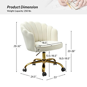 HULALA HOME Velvet Home Office Chair with Gold Base, Womans Modern Cute Shell Back Upholstered Desk Chair for Vanity, Adjustable Swivel Task Chair for Living Room, Ivory Chair for Desk