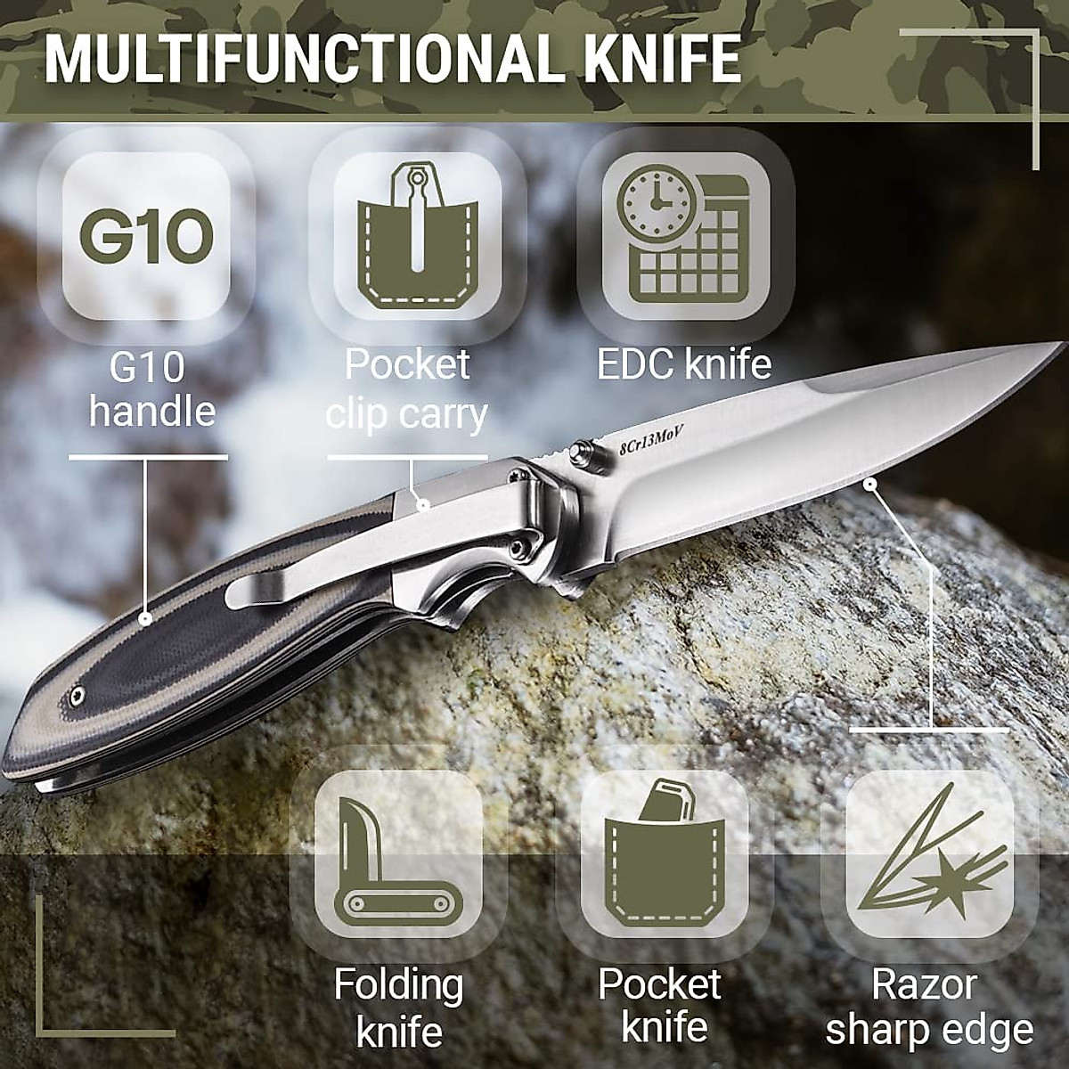 Grand Way Bundle of 2 Items - Japanese Fixed Blade Tanto Knife - 5,9" Polished Sharp Blade - Knives with Paracord Handle - Hiking Hunting Knofe - Sharp Blade Tool - Birthday Christmas Gifts for Men