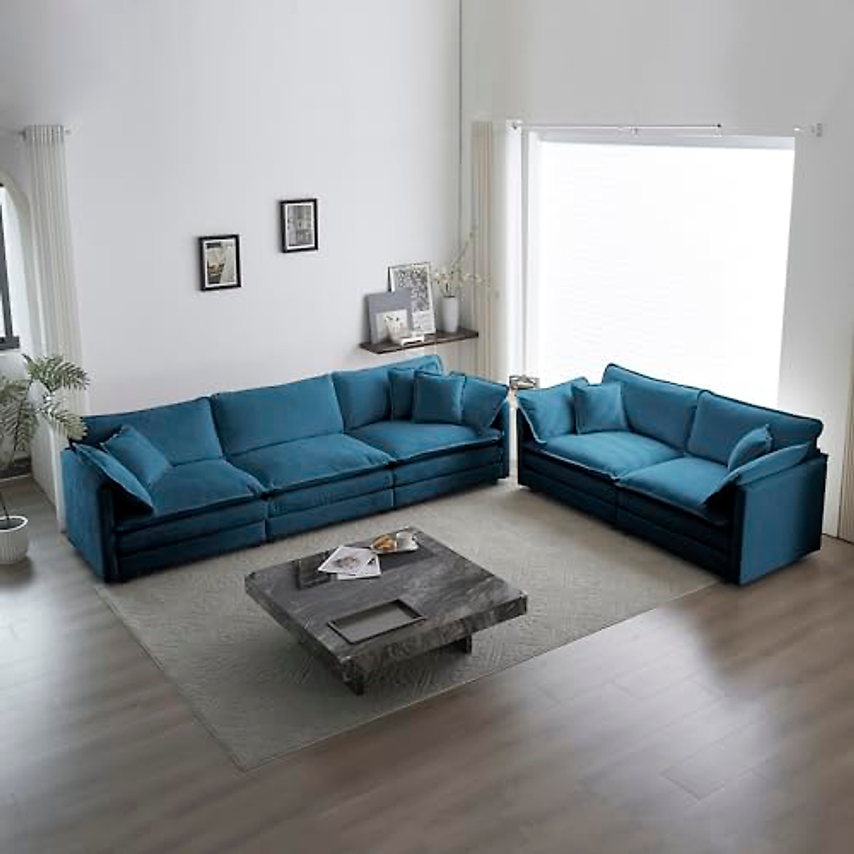 Eafurn 2 Piece Chenille Upholstered Living Room Furniture Sets, Include Free Combination Deep Seat Modular Sofa & Cloud Loveseat Section Couch and Pillows for Apartment, Studio, Office, Blue