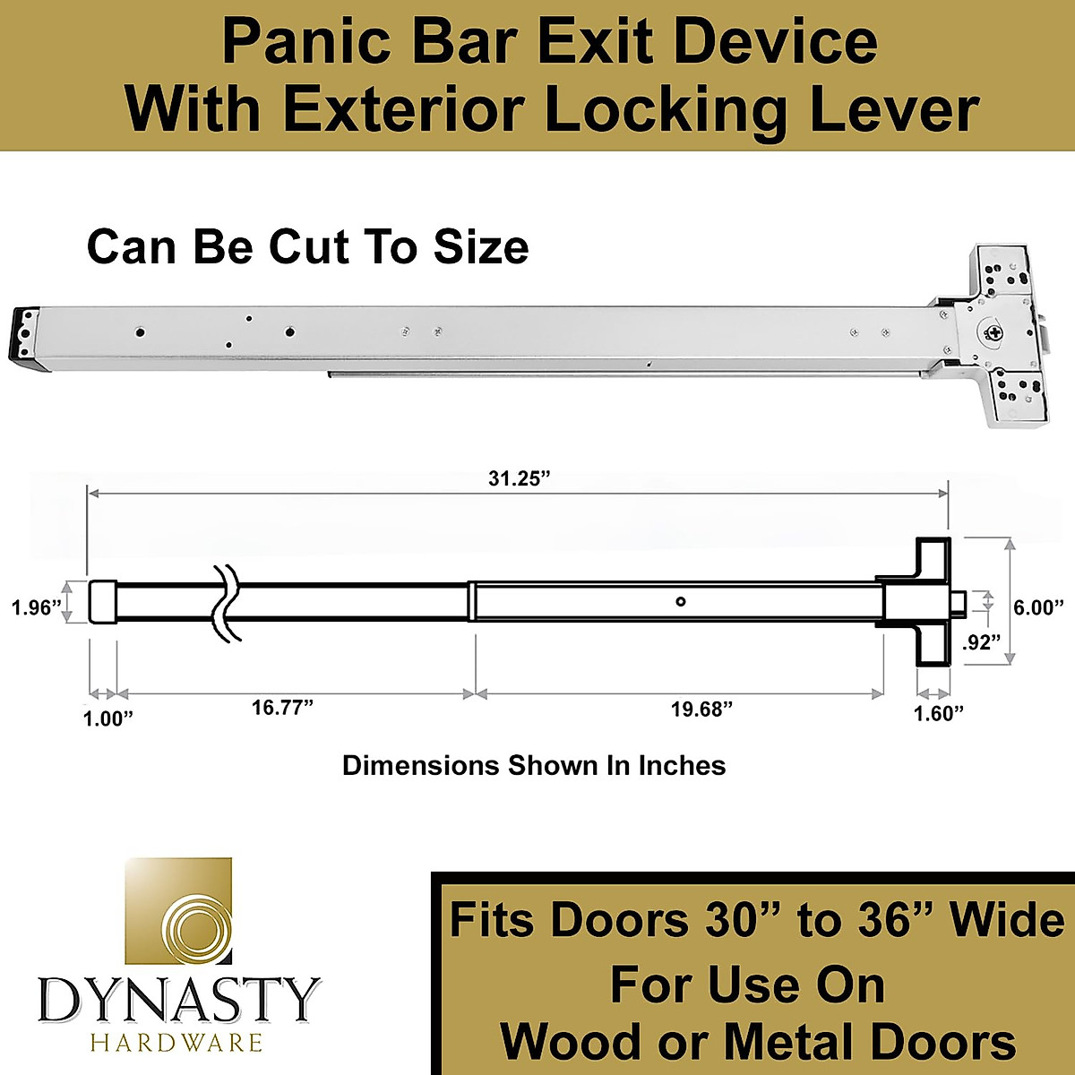 Dynasty Hardware Push Bar Panic Exit Device Aluminum, with Exterior Lever