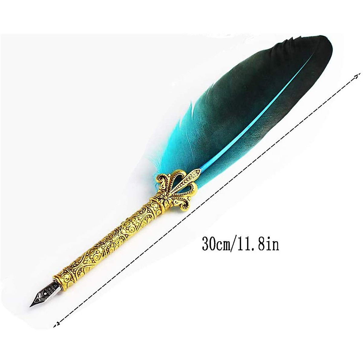 Feather Quill Pen Kit Including 1 Handmade Quill Feather Dip Pen 5 Replacement Nibs 1 Pen Nib Base Ink Pen Holder 1 Ink Bottle in Gift Box for Calligraphy Hand Writing (Blue)