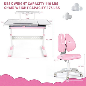 COSVALVE Premium Kids Study Desk and Chair Set,Adjustable Girls School Writing Study Table,Ergonomic Desk Chair with Large Writing Board Pull Out Drawer Bookstand Pink
