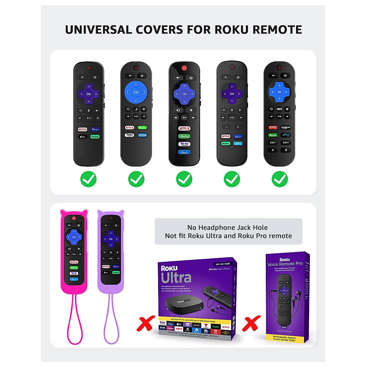3Pcs ONEBOM Roku Remote Cover with Cat Ears Design, Silicone Skin Case Fit with Hisense/TCL Roku TV, Steaming Stick/Express, Universal Replacement Controller, Glow in The Dark,Green/Purple/RoseRed