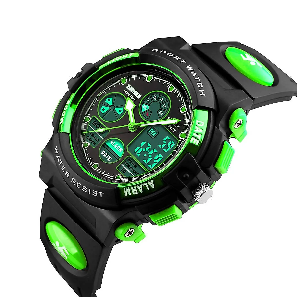 Kid's Digital Watch LED Outdoor Sports 50M Waterproof Watches Boys Children's Analog Quartz Wristwatch with Alarm - Green