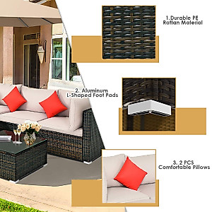 Tangkula 5 PCS Patio Rattan Furniture Set, Outdoor Sectional Rattan Sofa Set with Back & Seat Cushions, Wicker Conversation Set with Tempered Glass Table for Backyard Porch Garden Poolside (Brown)