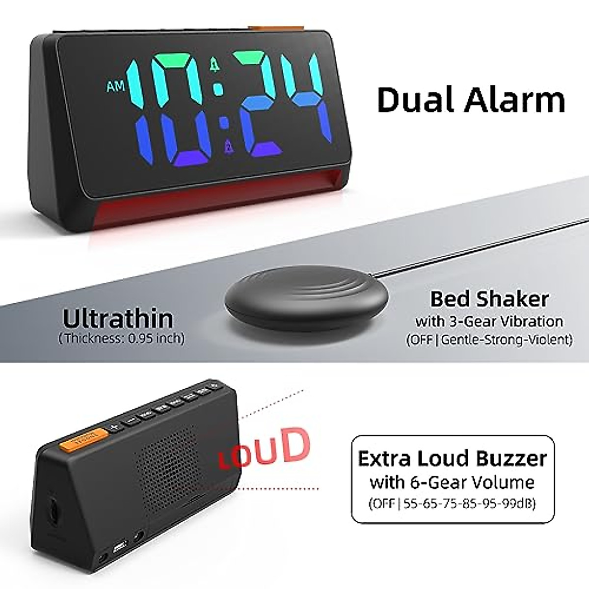 Super Loud Dual Alarm Clock with Ultrathin Bed Shaker, 99dB Loud Buzzer, Large RGB Rainbow Display, LED Night Light, USB Charger Port, Bedside Vibrating Alarm Clock for Heavy Sleepers, Adults, Bedroom