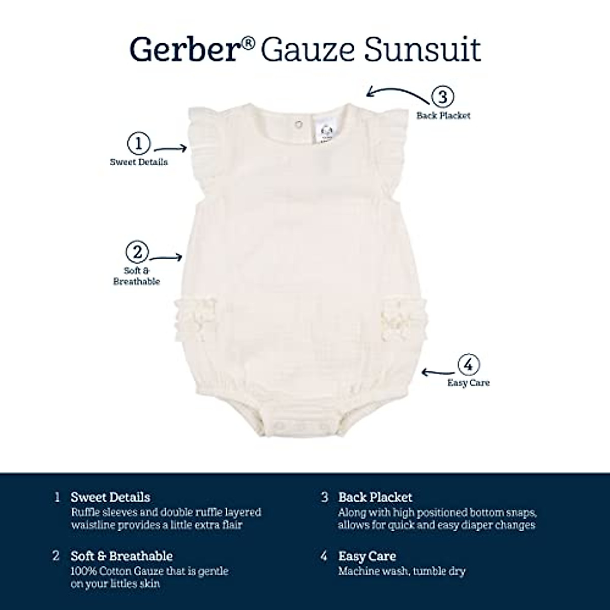 Gerber Baby Girls Sleeveless Ruffle Romper, Ivory, 0-3 Months