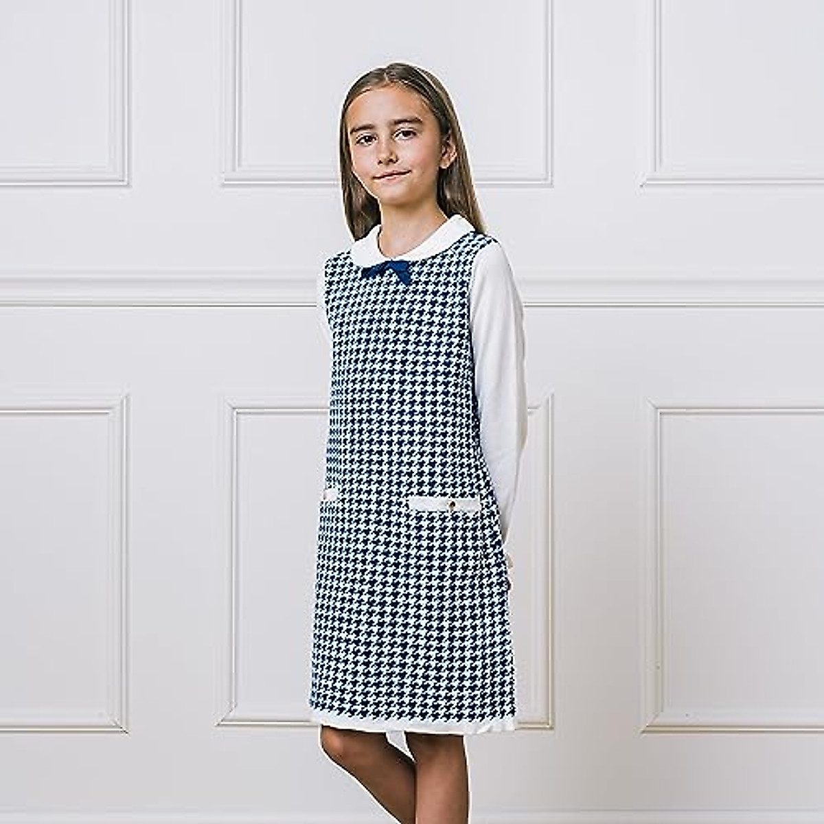 Hope & Henry Girls' Long Sleeve French Blocked Peter Pan Collar Sweater Dress